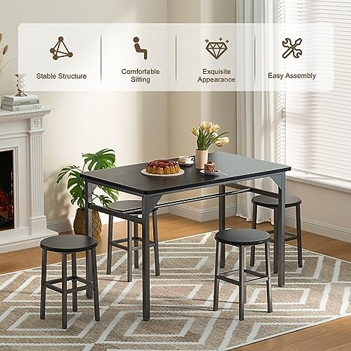 Qsun 5-Piece Dining Table and Chairs Set for 4, Kitchen Table Set for Kitchen, Dining Room, Breakfast Nook and Home Bar, Dining Table Set for Small Apartment, Black