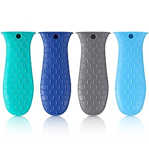 4 Pcs Silicone Hot Handle Holder Heat Resistant Silicone Handle for Cast Iron Skillet Pan Handle Sleeve Handle Cover for Cookware, Green, Grey, Lake Blue, Dark Blue