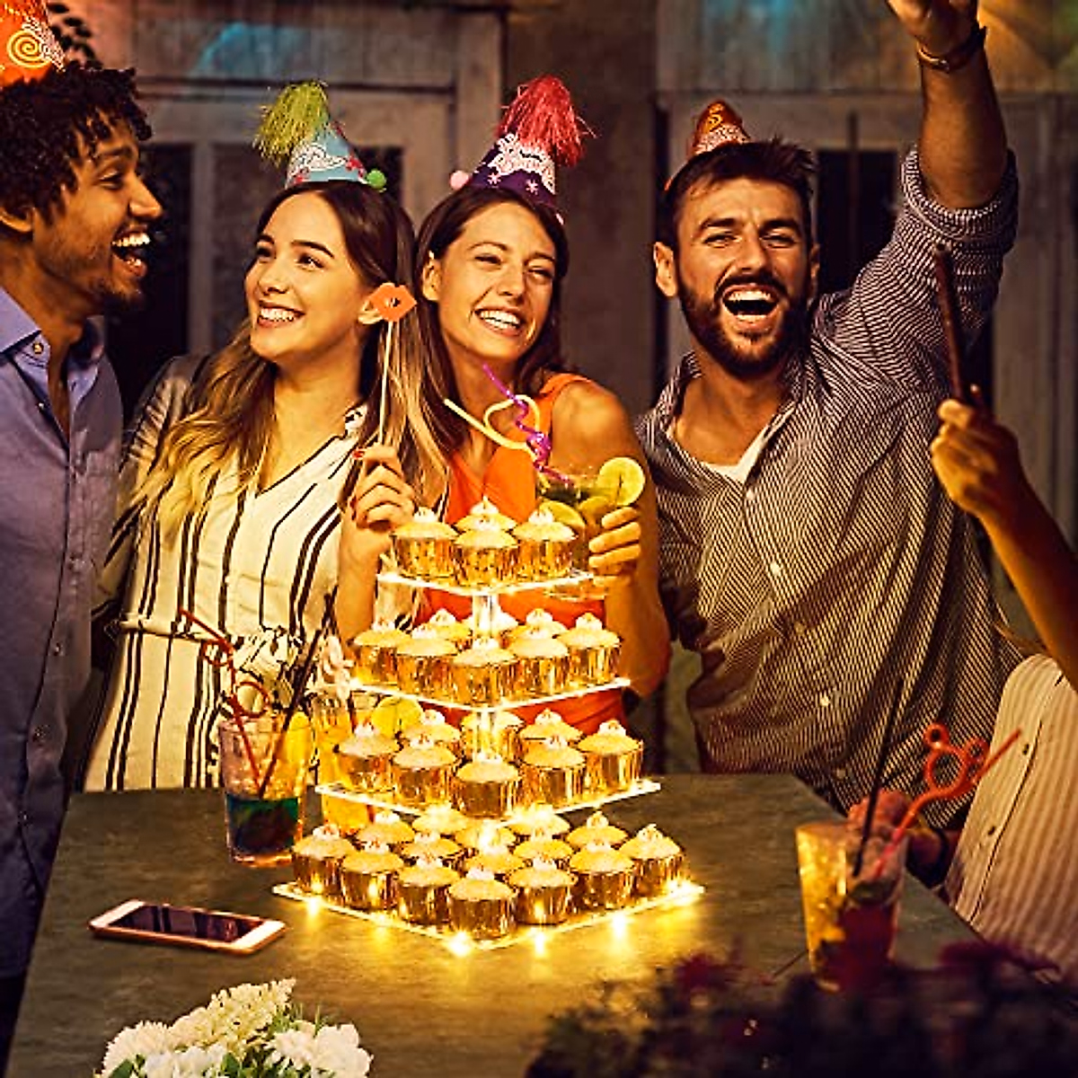 4 Tier Cupcake Stand with LED String Light, Acrylic Display Stand, Square Tower Holder, Cup Cake for Birthday, Wedding, Baby Shower, Party