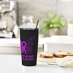 Domestic Violence Prevention Awareness Coffee Cup,With Lid Spill Proof And Straw Thermos Cup Stainless Steel Water Bottle Reusable Auto Mug Travel Mug-20oz