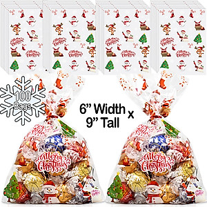 AnapoliZ Christmas Treat Bags | 100 pcs (6” x 9” Inch) | 2.5 Mil Crystal Clear Cellophane Bags with Merry Christmas Designs | Santa, Snowman Cello Bags | Christmas Party Decorations | Xmas Treat Bags
