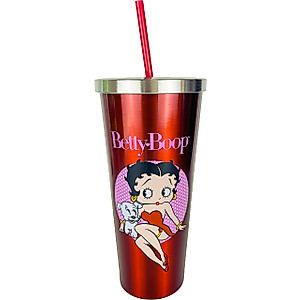 Spoontiques Betty Boop Stainless Steel Cup with Straw - Stainless Steel Drinkware Tumbler - 24 Oz.