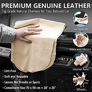 Chamois Cloth for Car 20'' x 27.6'' (3.7 sq ft) Shammy Towel Car Wash Drying Towel Absorbent Real Leather Lint Free Streak Free Cleaning Cloth