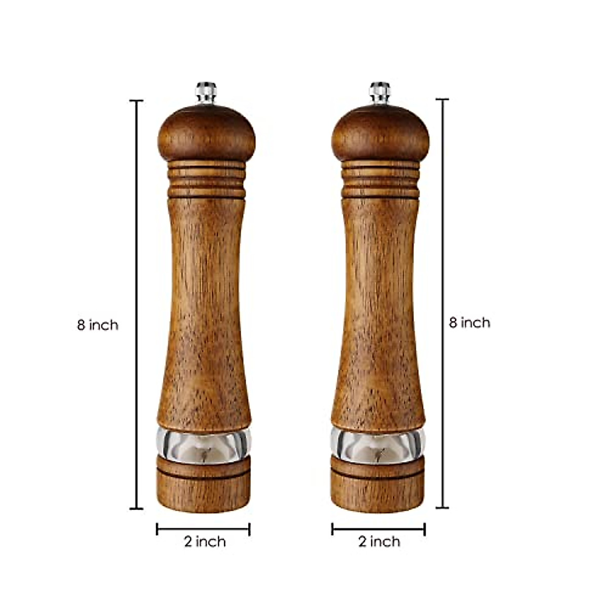 2-Piece Salt and Pepper Grinder Set, 8 Inch Wooden Salt and Pepper Mills with Adjustable Coarseness, Refillable Manual Pepper Mill Grinder for Home Cooks (Brown)