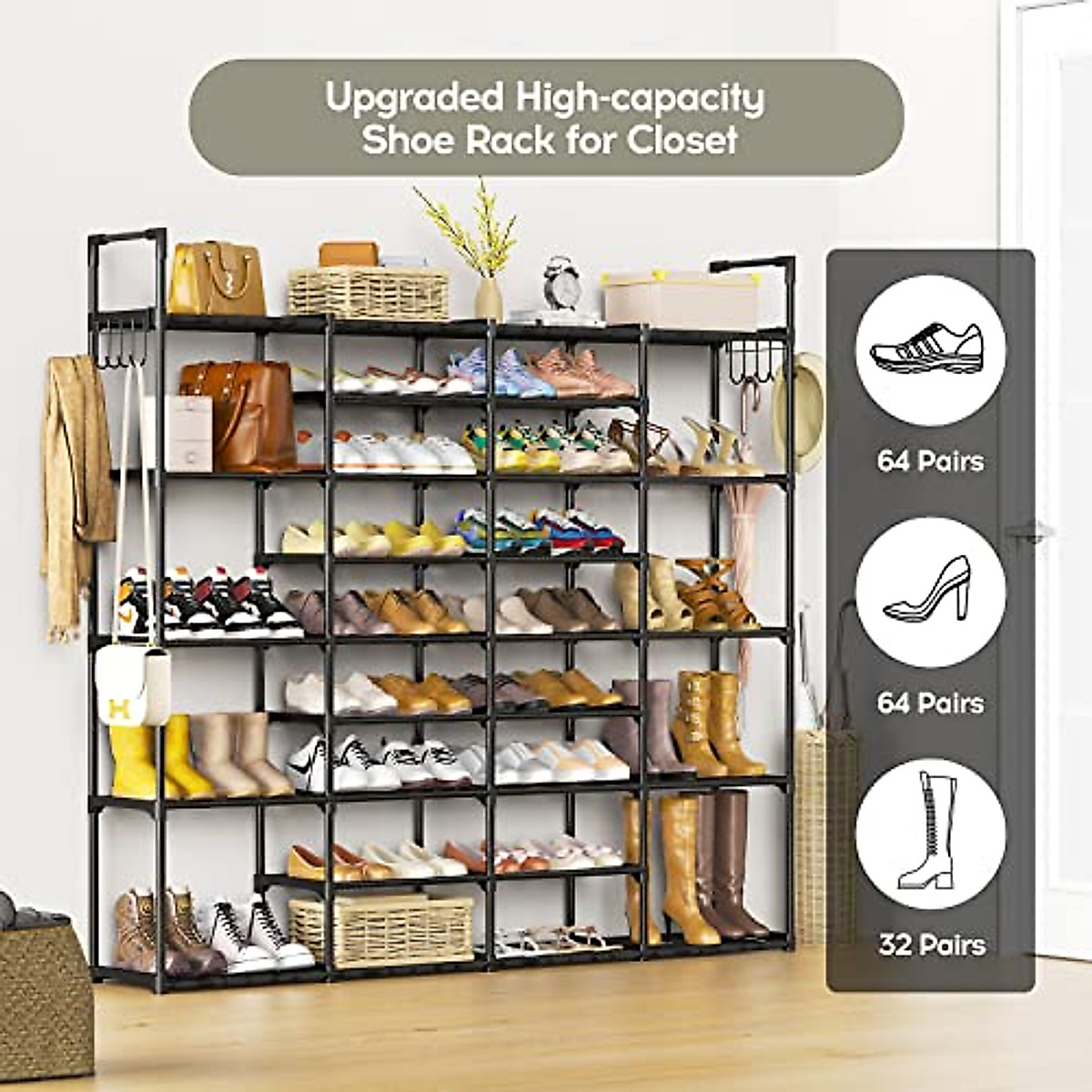 WEXCISE Large Shoe Rack Organizer 9 Tiers 4 Rows for 64-72 Pairs Shoe and Boots, Tall shoe storage Metal Shoe Organizer garage shoe storage Black for Entryway, Closet, Bedroom, Hallway