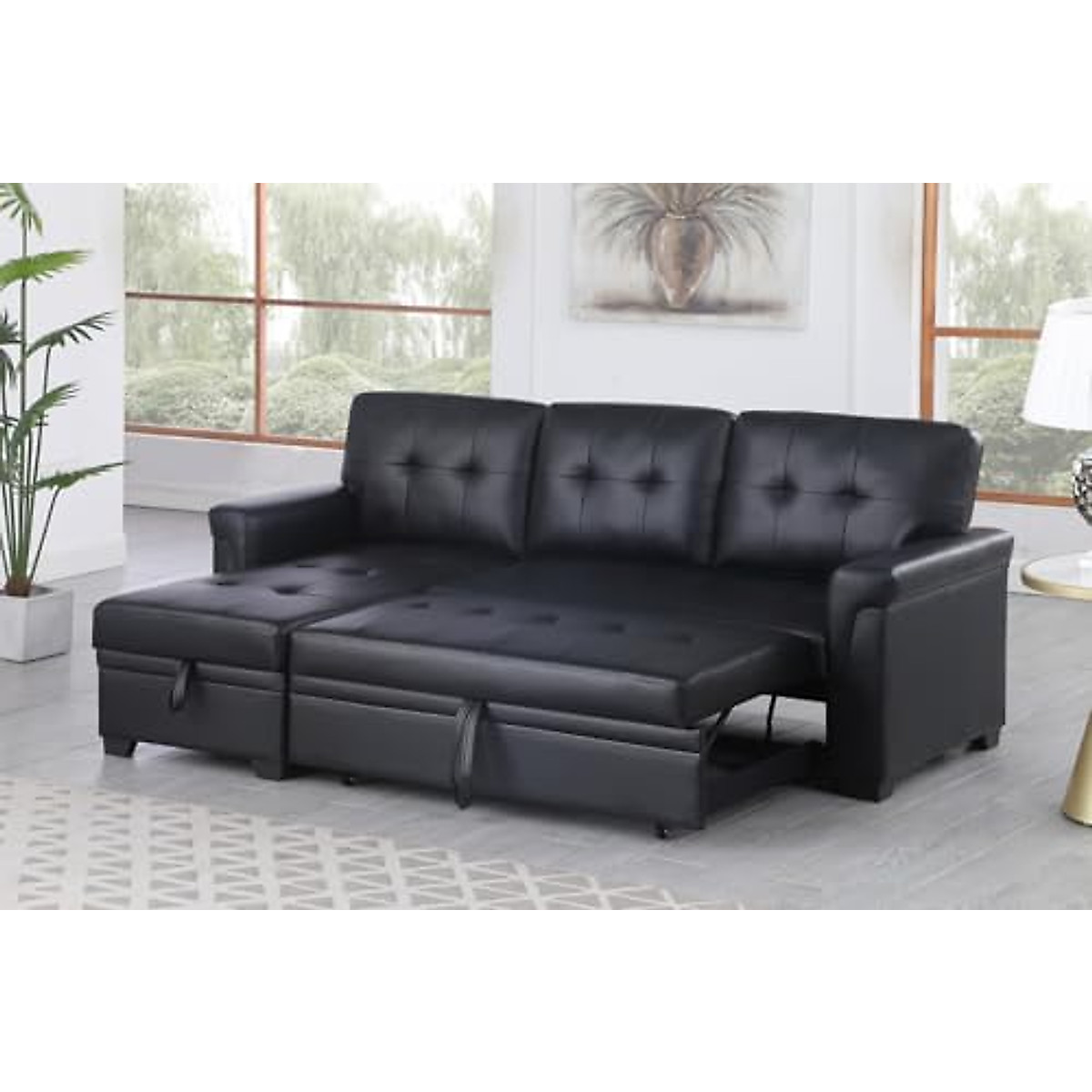 Lilola Home Lexi Black Synthetic Leather Modern Reversible Sleeper Sectional Sofa with Storage Chaise