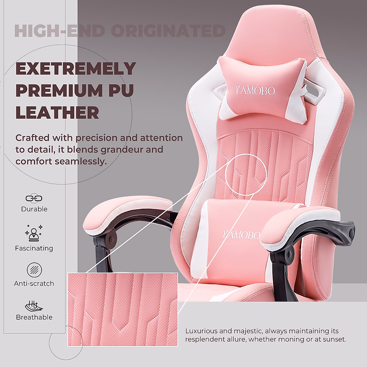 YAMOBO Gaming Chair with Footrest, Ergonomic Computer Gaming Chair with Massage Lumbar Support, High Back PC Gamer Chair for Adults with Linkage Armrests, Reclining Big and Tall Gaming Chair, Pink