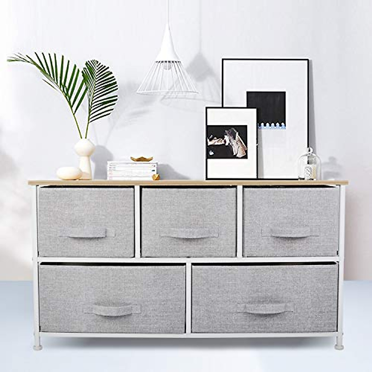 Wide Drawer Dresser Storage Organizer - CERBIOR 5-Drawer Closet Shelves, Sturdy Steel Frame Wood Top with Easy Pull Fabric Bins for Clothing, Blankets- Grey