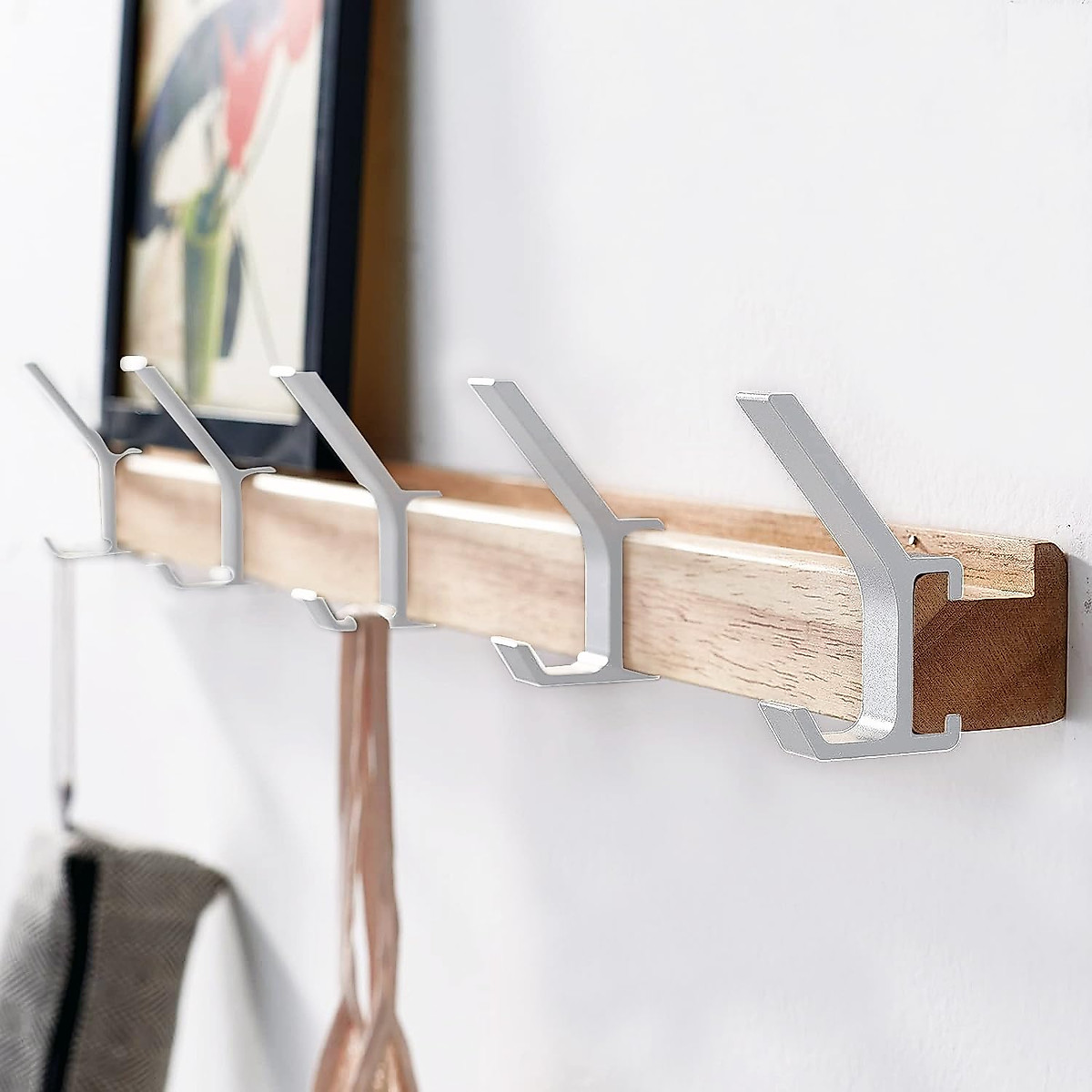 Generic Moderm Wall-Mounted Coat Hook Rail with 5 Double Hooks, 15-Inch Aluminum and Metal for Coats, Hats, Towels, and Robes (White). Natural Wood (Lacquer Coating); Hook: Aluminum (x 5)