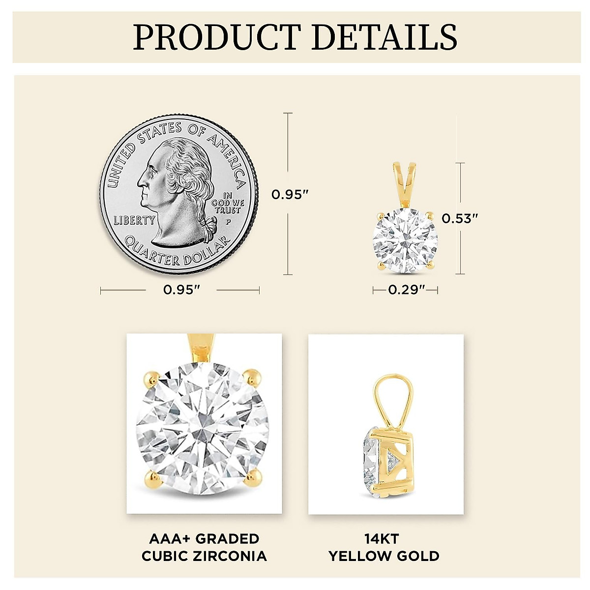 Everyday Elegance Solid 14K Yellow Gold Cubic Zirconia Solitaire Pendant for Women in Round Cut | 2 CTW CZ | With Gift Box