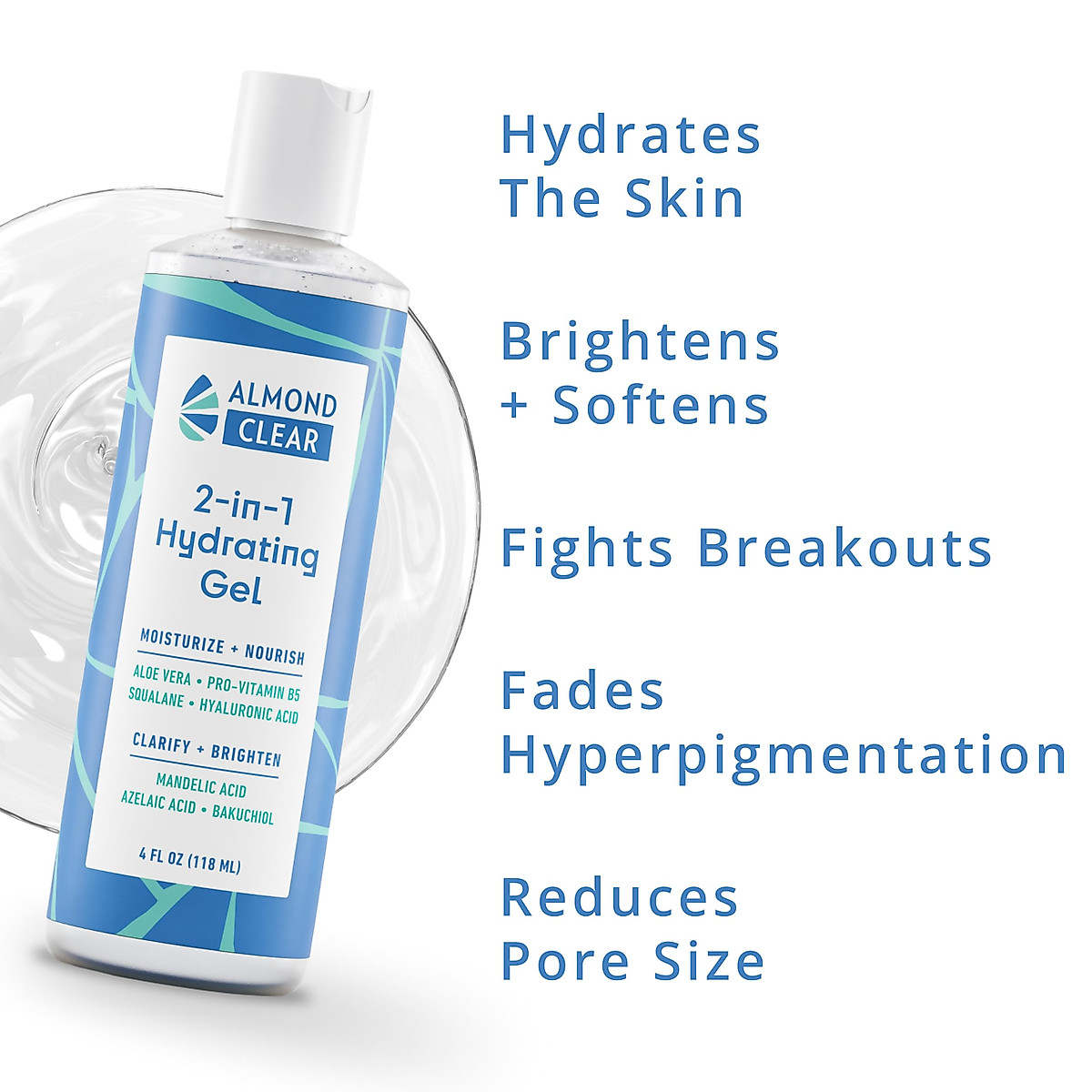 Almond Clear 2-in-1 Hydrating Gel | Lightweight Mandelic Acid Moisturizer for Oily, Blemish-Prone Skin | Aloe Vera, Squalane, Hyaluronic Acid, Mandelic Acid, Bakuchiol | 4 oz