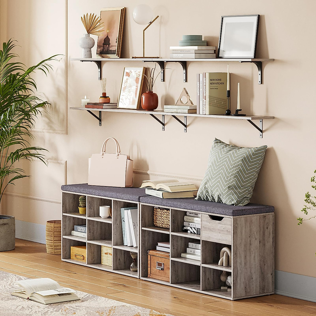 DINZI LVJ Shoe Bench, 9 Cubbies Shoe Organizer for Entryway, Storage Bench with Cushion, Cubby Shoe Rack with Adjustable Shelves for Living Room, Bedroom, Mudroom, Hallway, Greige