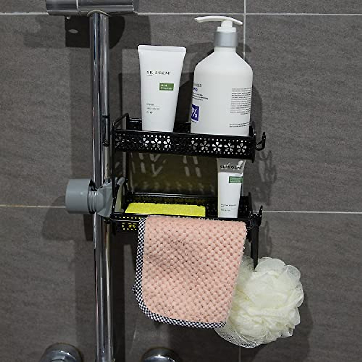 Djanland Multifunctional Faucet Rack Sponge Holder with Towel Rack & Hooks for Kitchen & Bathroom Sink Shelf Over Faucet Storage Rack, Stainless Steel Faucet Drain Rack, Universal Fit, Black
