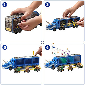 Dinosaur Toys for Kids 3-7,Toddler Dinosaur Toy with Music, Roaring Sound and Flashing Light, 14 in 1 Dinosaur Car Toy Truck with 3 Dino Cars, 3 Dino Figures, 2 Rocks, 2 Trees, 1 Ladder and 1 Door