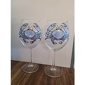 Blue Crab Hand Painted Stained Glass Stemmed Wine Glasses Set of 2