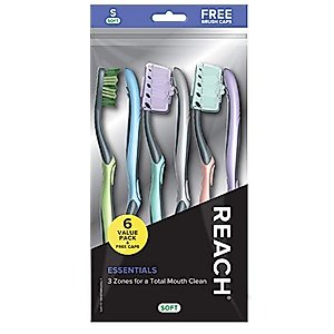 REACH Essentials Toothbrush with Toothbrush Caps, Multi-Zoned Angled Soft Bristles, Contoured Handle, Tongue Scraper, 6 Count (Pack of 1)