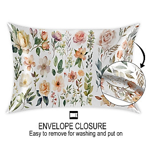 Flowers Peony Roses Satin Pillow Cases Silk Satin Pillowcase for Hair and Skin Standard Set of 2 Super Soft Silk Pillowcase with Envelope Closure (20x26 in)