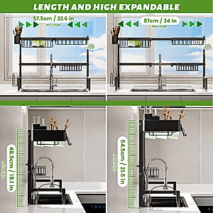 ilvvan Dish Rack Over The Sink Dish Drying Rack (Expandable Height and Length) Snap-On Design 2 Tier Large Dish Rack Stainless Steel (23" - 34" L x 11" W x 19" - 21.5" H)