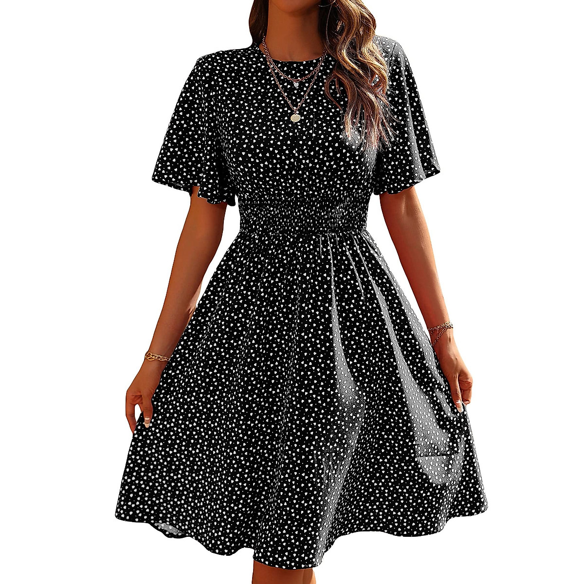 Floerns Women's Confetti Heart Print Butterfly Sleeve Flared A Line Midi Dress Black and White XL