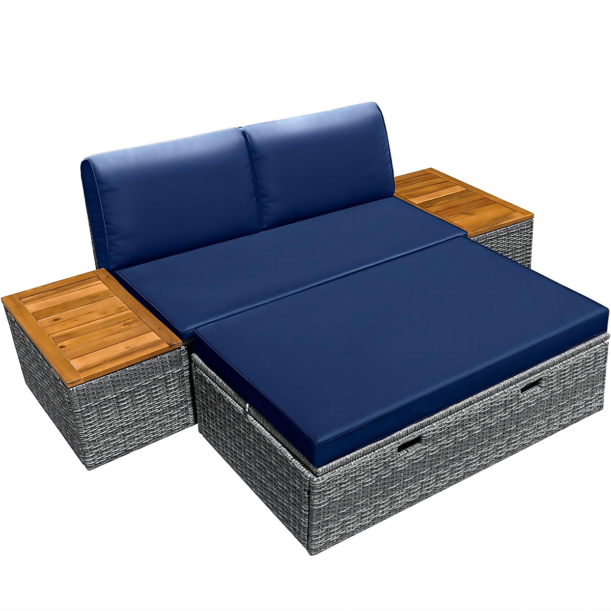 Greesum Outdoor Daybed Set Multifunctional Wicker Lounge Bed Furniture with Two Side Tables, Cushions, Storage Bench for Porch Lawn Patio Beach, Onesize, Blue