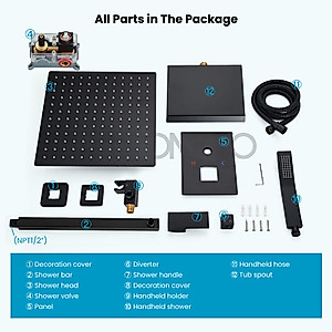 gotonovo 10'' Rain Shower Faucet System Rainfall Shower Head with Handheld Sprayer Waterfall Tub Spout Wall Mounted Mixer Combo Rough-in Valve and Trim Included 7.9 Inch Wide Spout Matte Black