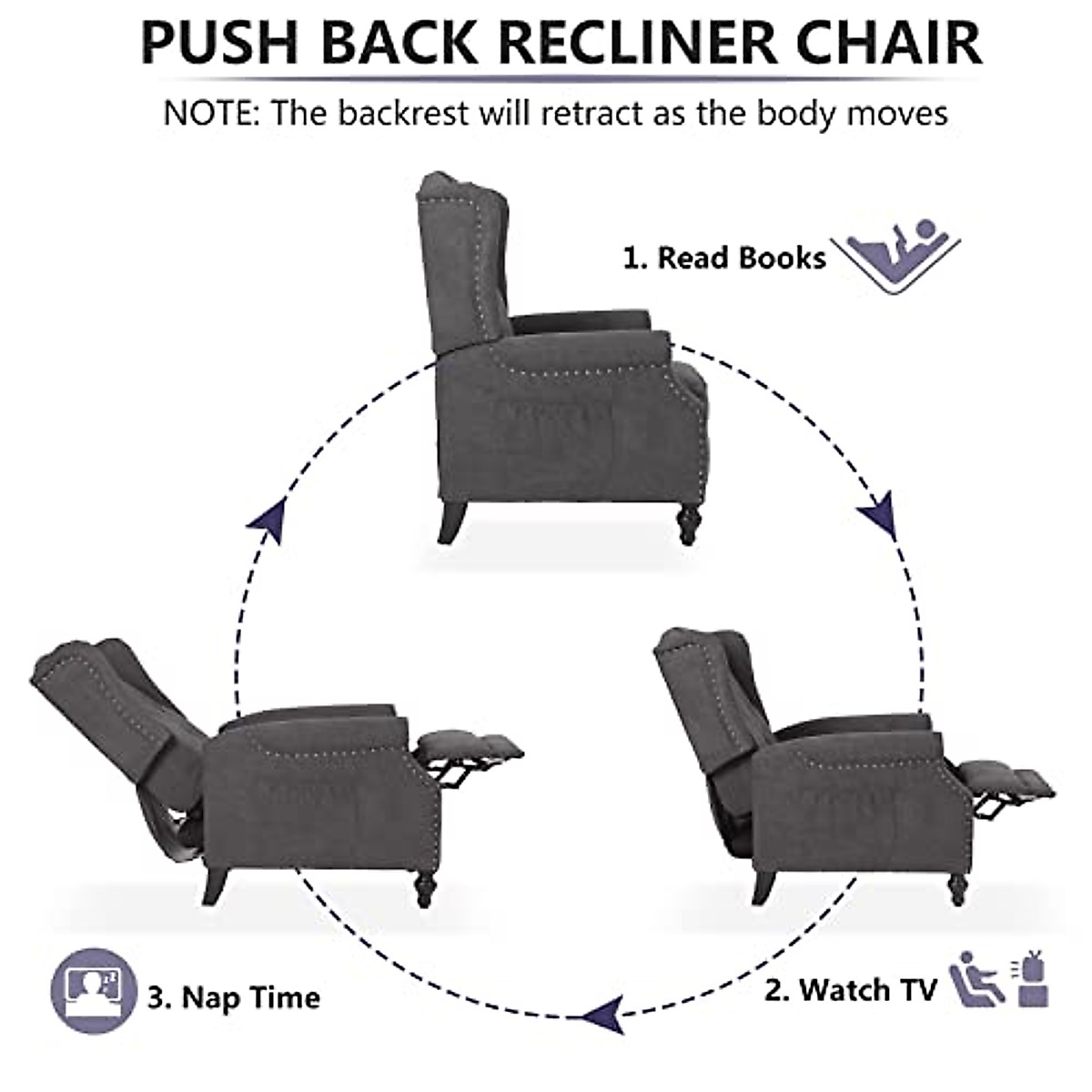 IPKIG Recliner Chair, Wingback Design Living Room Accent Chair with 6 Points Vibration Massage and Heat, Upholstered Button Tufted, Mid Century Modern Reading Chair for Bedroom, Study Room (Dark Grey)