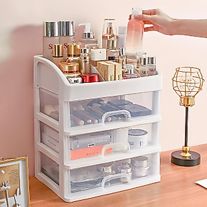 Nenozi Cosmetic Storage Box, White, 3 Large Drawers, 6 Top Compartments, PP Plastic, 11 x 7 x 5.5 in