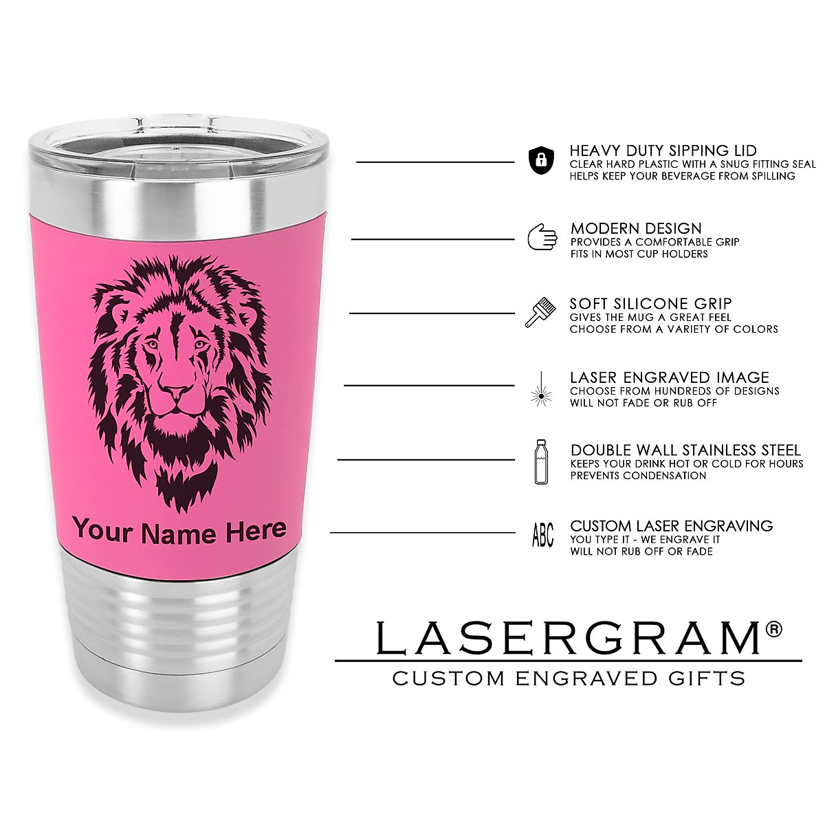 LaserGram 20oz Vacuum Insulated Tumbler Mug, Flag of Mexico, Personalized Engraving Included (Silicone Grip, Pink)