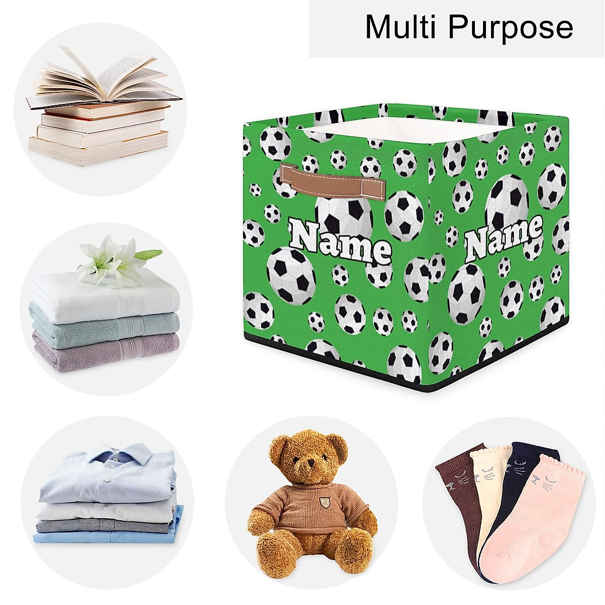Sport Football Soccer Customs Cube Storage Bins with Name, Soccer Ball Personalized Storage Baskets for Organizing Toys, Shelves, Closet, Fabric Storage Boxes with Handles