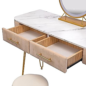 VKKILPEE 39.4" Length Flannel Soft Roll Makeup Vanity Set, Fashionable Soft Roll Makeup Table, 15.8" Touch Control 3 Brightness Options LED Mirror, Large Capacity Storage, Fashionable Soft Roll Stool