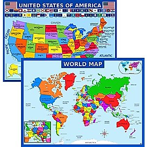 World Map Poster and USA Map with Extra Features - Laminated Educational Poster (14x19.5 in) – Maps for Kids, Classroom Decorations, Preschool and Elementary Learning, Teacher Supplies