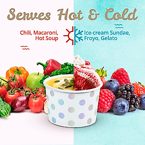 MATICAN Paper Ice Cream Cups - 50-Count 9-Oz Disposable Dessert Bowls for Hot or Cold Food, 9-Ounce Party Supplies Treat Cups for Sundae, Frozen Yogurt, Soup, Silver Foil Polka Dots