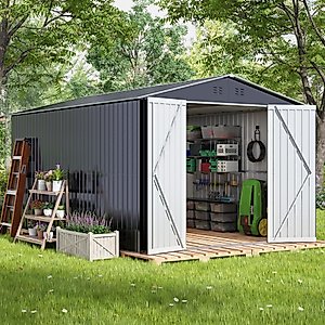 HOGYME 8 x 12 FT Outdoor Storage Shed, Large Metal Tool Sheds with Updated Frame Structure and Lockable Doors, Garden Shed for Backyard Garden Patio Lawn, Grey