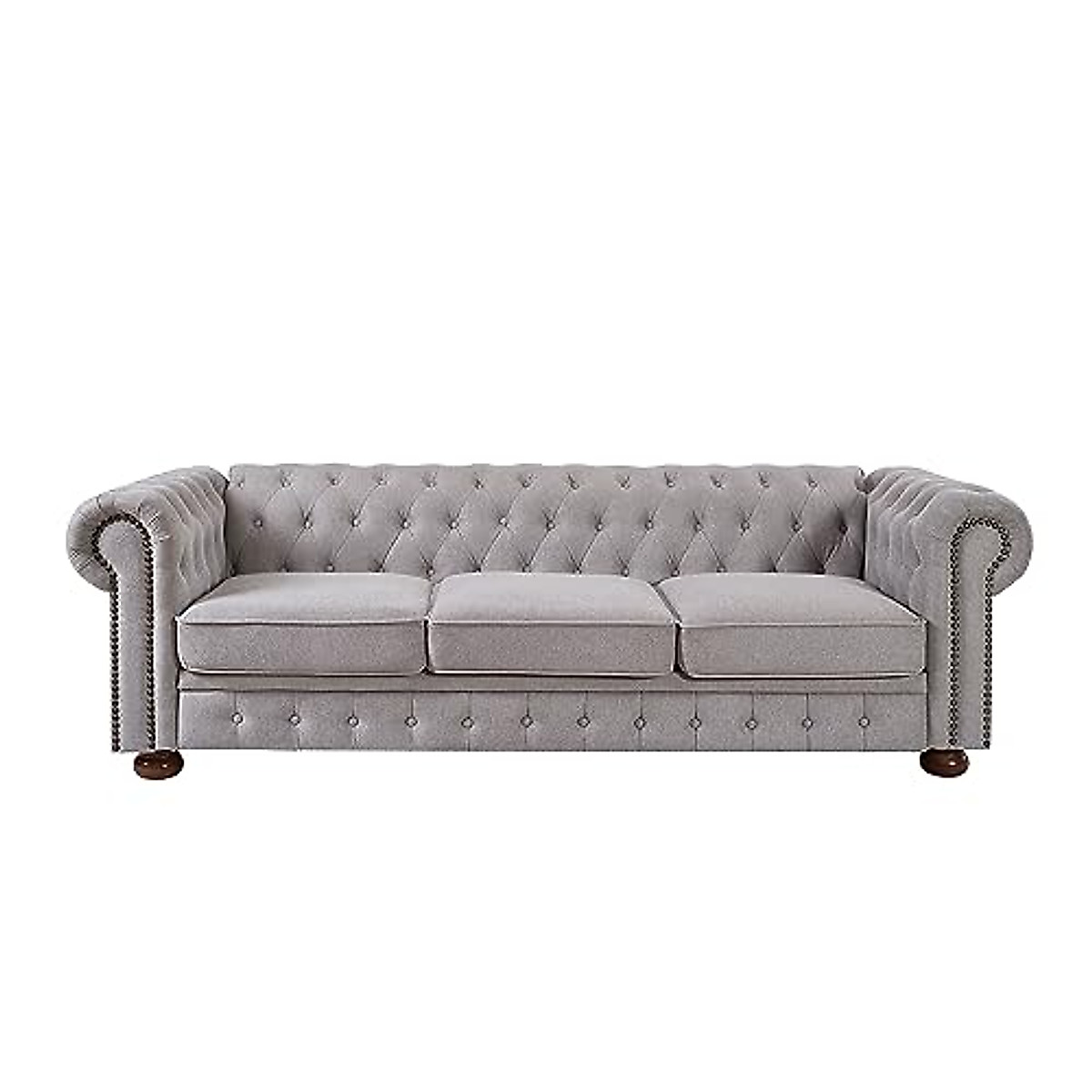 ERYE 88.5" 3-Seaters Chesterfield Sofa&Couch, Clasic Luxury Roller Armrest Special Wood Legs Sectional,Button Tufted Linen Upholstered Modular Sofa Couch with Removable Cushions & Nailhead Decor