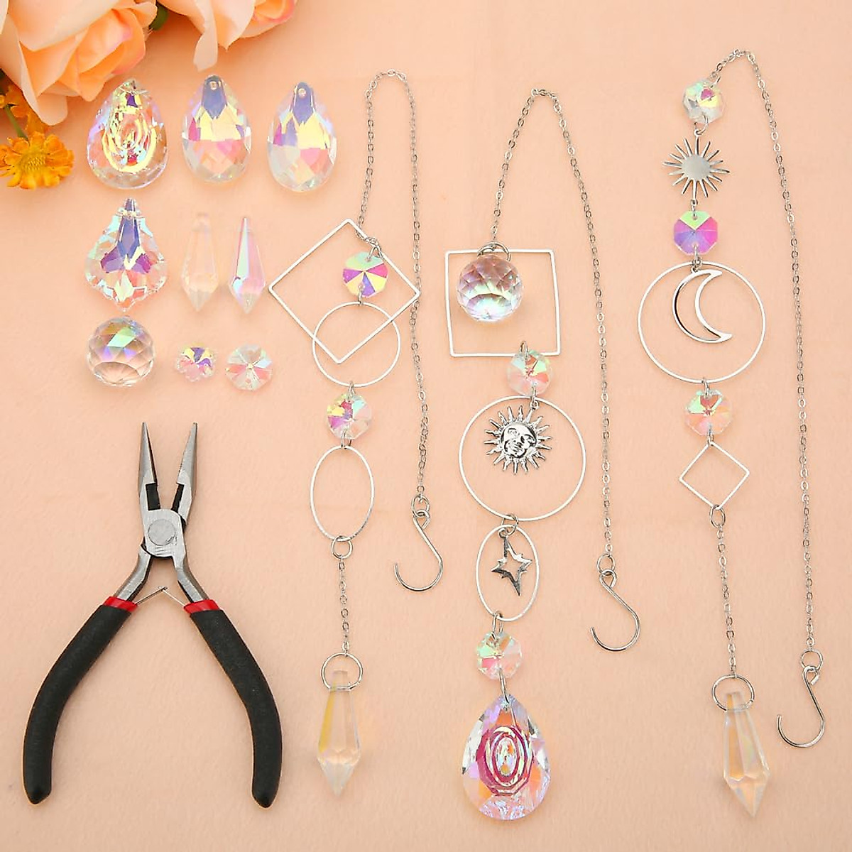 HYBEADS 200 Pcs DIY Suncatcher Making Kits for Adults Crystal Sun Catchers Crafts with Hooks Chains Pendants Rainbow Maker for Window Hanging Prism Indoor Outdoor Garden Xmas Wedding Party Decor