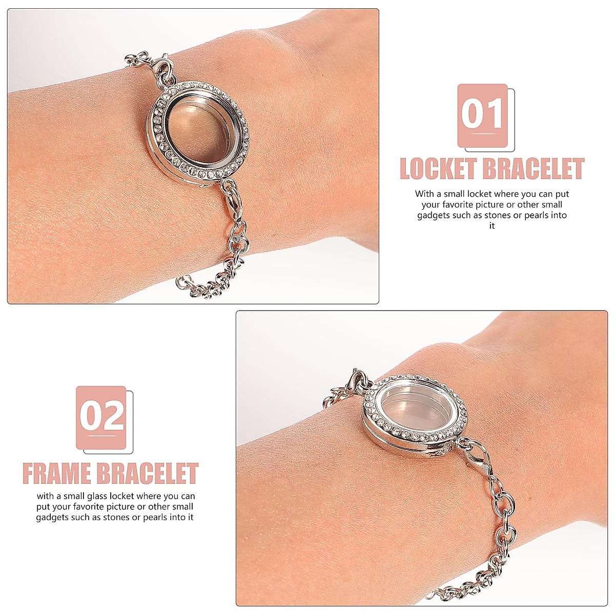 LUOEM Floating Locket Bracelet Crystal Living Memory Locket Bracelet Jewelry for Floating Charms Gift (White K)