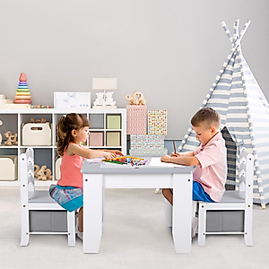 Kinder King Kids Wood Table & 2 Chairs Set, 3 in 1 Children Activity Table w/Storage, Removable Tabletop, Blackboard, 3-Piece Toddler Furniture Set for Art, Crafts, Drawing, Reading, Grey& White…
