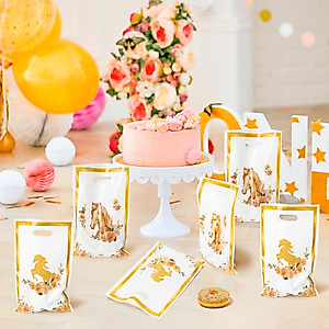 50Pcs Horse Party Favor Bags Gold Cowgirl Horse Party Bags Western Girl Sweet Goody Candy Treat Bags Horse Theme Party Decorations Plastic Gift Bag Birthday Snack Bag for Kids Birthday Party Supplies