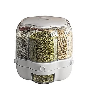 6-Grid Round Rice Dispenser 360° Rotating Food Bucket Transparent Rice Storage Container Rotatable Dry Food Fruit Cereal Storage Box Tank for Home Kitchen