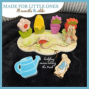 KIDS PREFERRED Peter Rabbit Garden Wooden Montessori Activity Stacker with 12 Wooden Interactive Pieces for Babies, Toddlers and Kids Based on The Beatrix Potter Books