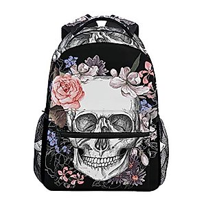 Wamika Sugar Skull Skeleton Backpacks for Girls Kids Boys Rose Flowers School Book Bags Waterproof Student Laptop Backpack College Carrying Bag Casual Durable Lightweight Travel Sports Daypacks