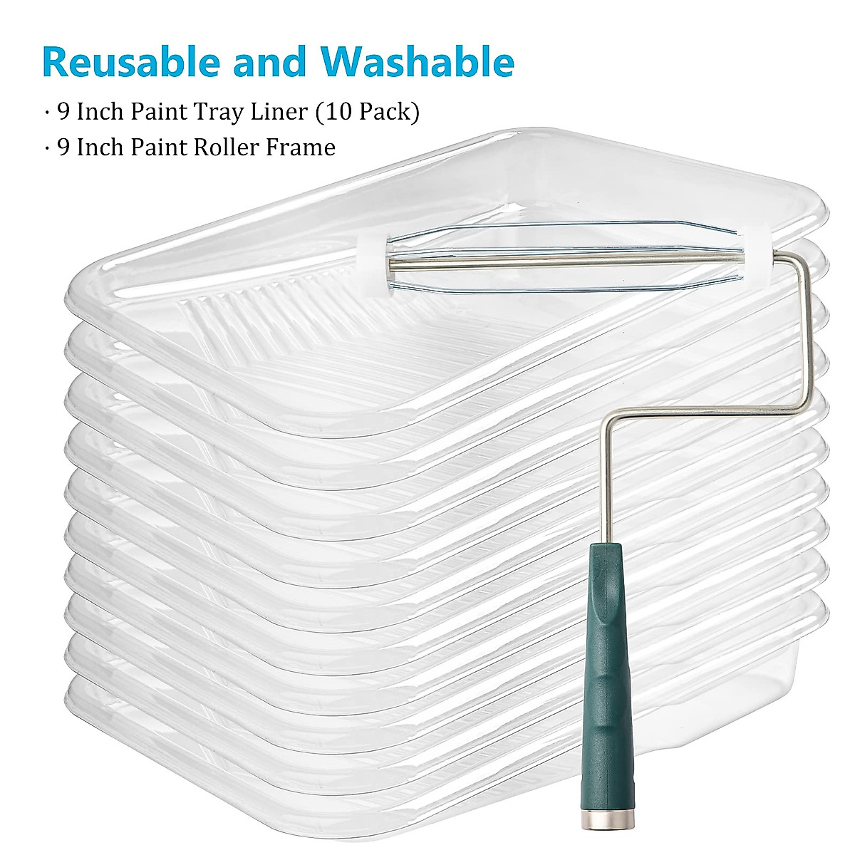 Mister Rui Paint Tray 9 Inch, Paint Tray Liners 10pcs, Paint Roller Tray, Disposable Paint Tray Liners, with 5 Wire Cage Roller Frame, for 9 Inch Paint Rollers, Silver Plastic Paint Tray Large