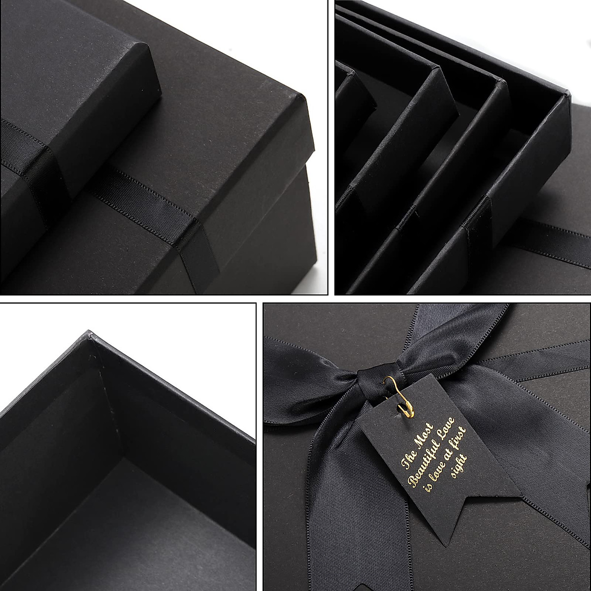 ZENFUN 5 Pack Black Nested Gift Boxes with Lid for Presents, 5 Sizes Luxury Packaging Box with Ribbon Bows and Label Gift Wrap for Thanksgiving Christmas Birthday, Weddings, Mother's Day 13.7'' to 5.1''