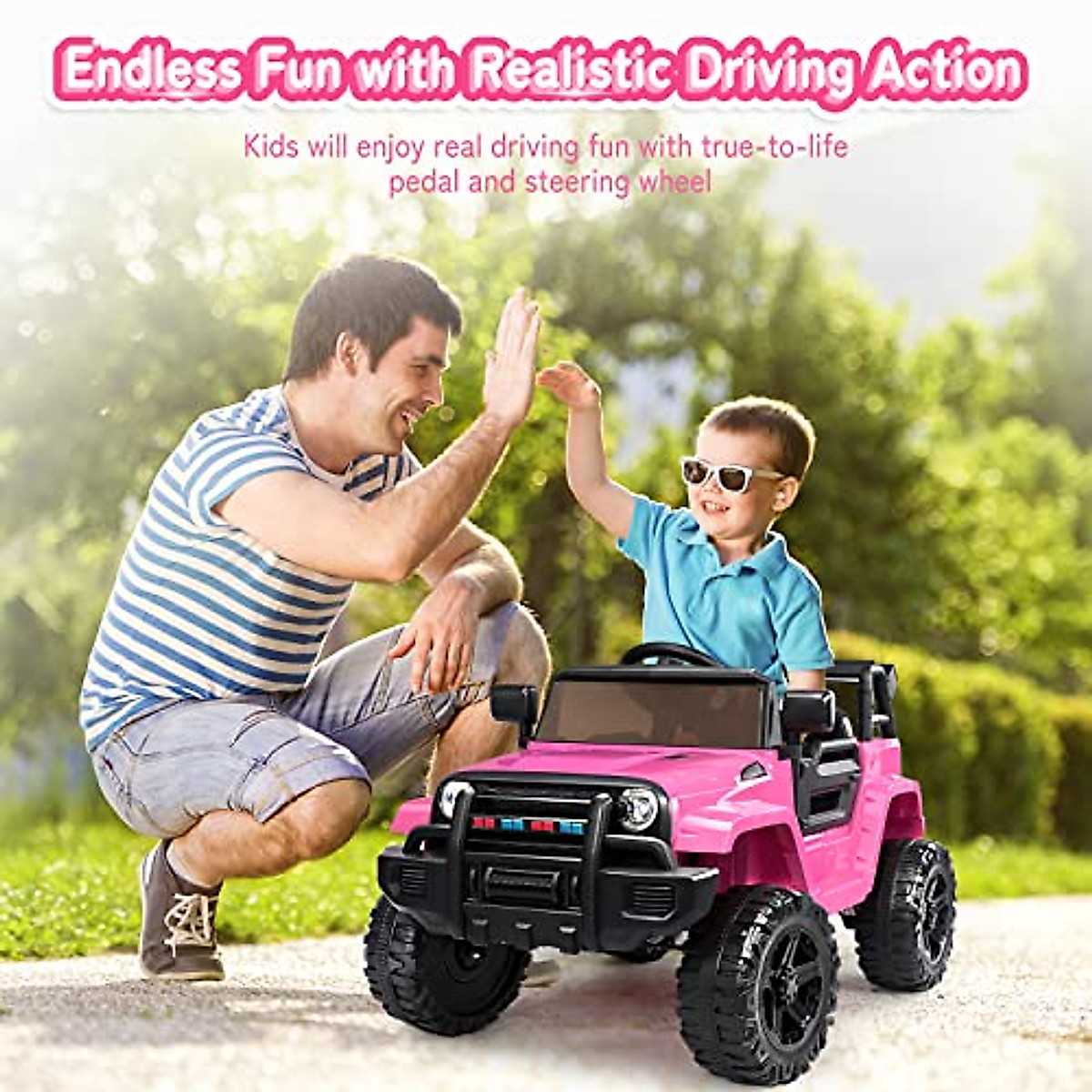 JOYMOR Ride on Truck with Remote Control, 4 Wheels 12V Battery Powered Kids Car, with LED Headlight/Horn Button/ MP3 Player/USB Port/Forward Backward/Kids Girl Boy (Pink)