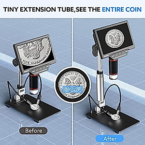 TOMLOV DM401 Pro 2K Digital Microscope 1200x, Extension Tube ET02, 7 inch HDMI LCD Microscope, Buttom LED Light Stage Included,24MP Coin Microscope with Screen,PC/TV Compatible，32GB
