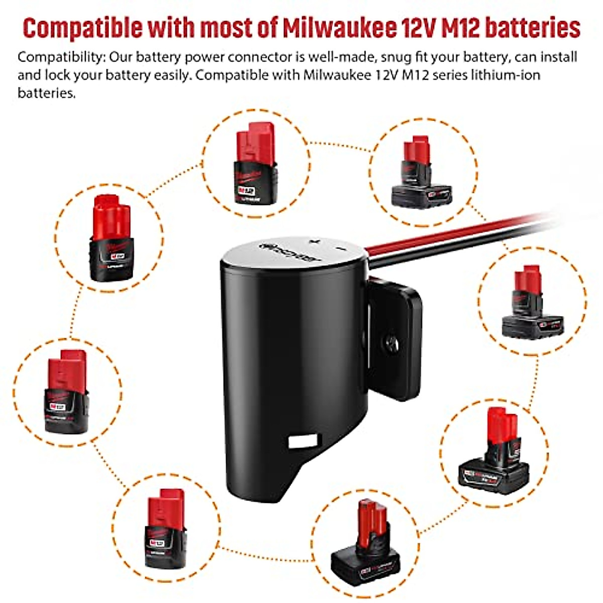 Power Wheel Adapter with Fuse & Switch, Secure Battery Adapter for Milwaukee 12V M12 Lithium Battery, with 12 Gauge Wire, Good Power Convertor for DIY Ride On Truck, Robotics, RC Toys and Work Lights