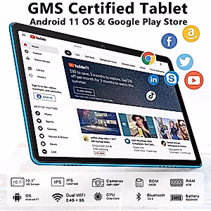 MEBERRY Android 11 Tablet 10.1 inch Tablets with 2.0 GHz Octa-Core Processor| 2.4G+5G Wi-Fi| 4GB RAM+64GB ROM| 256GB Expansion| 8000mAh Battery| GPS| Double Camera, Metal Blue