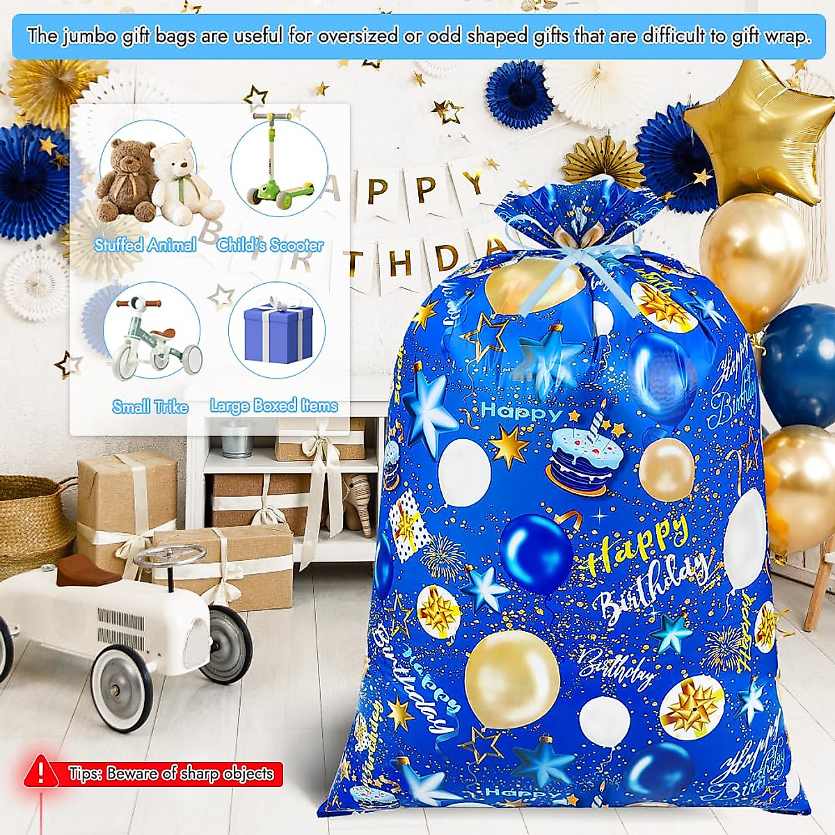 Shintop Large Birthday Gift Bag, 36x56inch Big Gift Sack Extra Large Plastic Gift Wrap Bag Jumbo for Huge Gifts Weird Shaped Presents (Blue 1pack)
