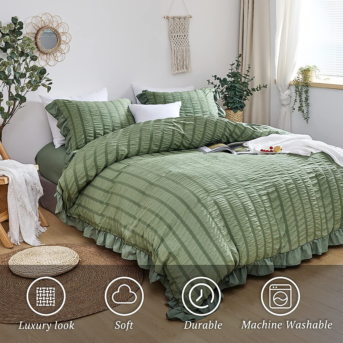 MILDLY Ruffle Duvet Cover King - Boho Chic Ruffled Seersucker Bedding Sets 3 Pieces 100% Brushed Microfiber Lightweight Comforter Cover 3PCS (No Comforter)