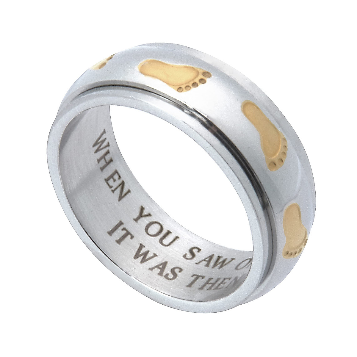 Beads & Pearls Jewelry 8mm Stainless Steel Women's Men's Inspirational Spinner Ring - inchFootprints In The Sand.inch Religious Ring Fashion Jewelry, Spinner Anxiety & Stress Relief, Size 6, Silver